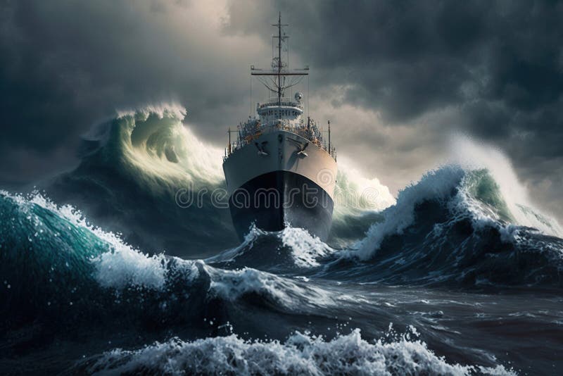 Cargo Ship on Rough Seas, Illustration Ai Stock Illustration ...