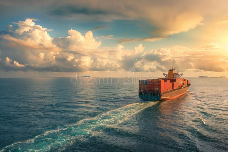 Cargo Ship Sailing on Calm Sea at Sunset with Dramatic Clouds Stock ...