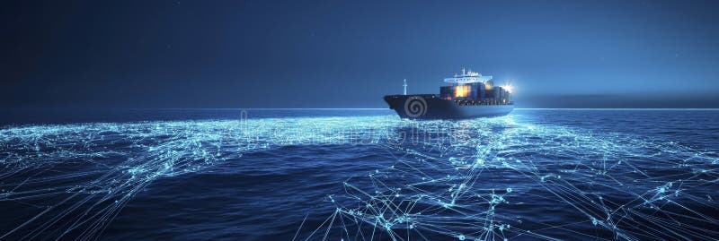Cargo Ship Sailing through Digital Ocean Network Lines Stock ...