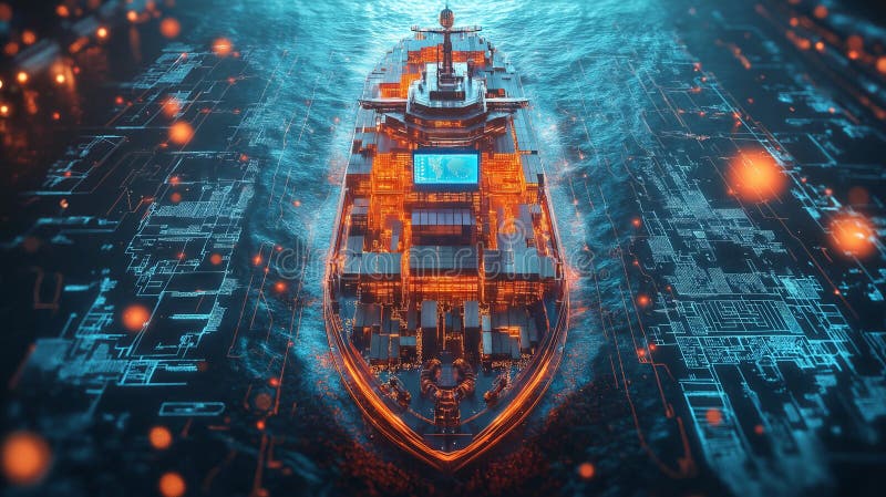 Cargo Ship Sailing in Harbor with Digital Connections and Global Trade ...