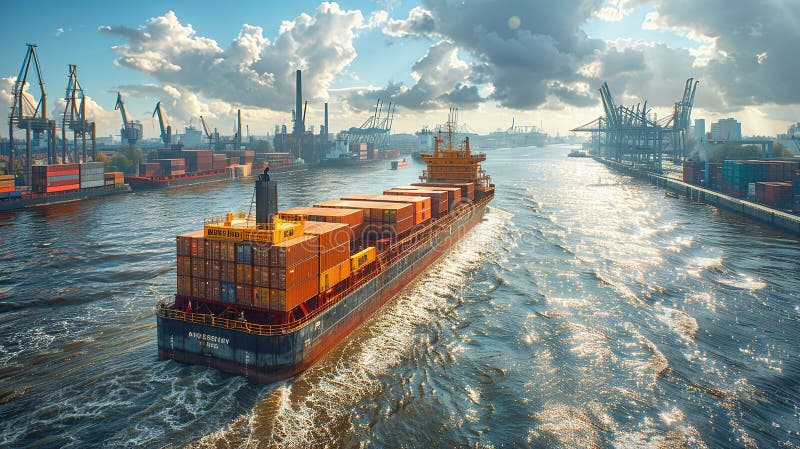 Cargo Ship Sailing through the Harbor Stock Illustration - Illustration ...