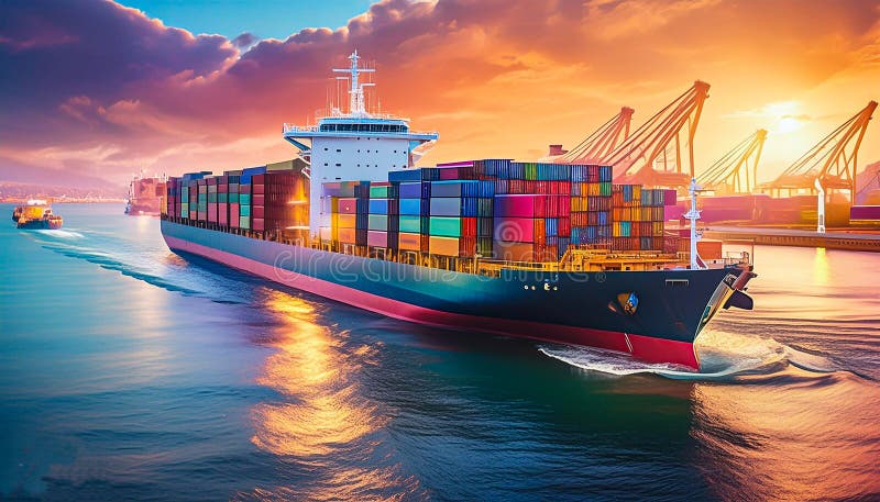 Cargo Ship Sailing in the Harbor at Sunset with Docks and Containers in ...