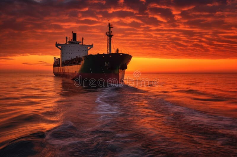 Cargo Ship Sailing on the Ocean at Sunset Stock Illustration ...