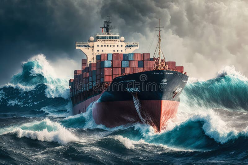 Cargo Ship Sailing through the Rough Sea with Containers Stacked High ...