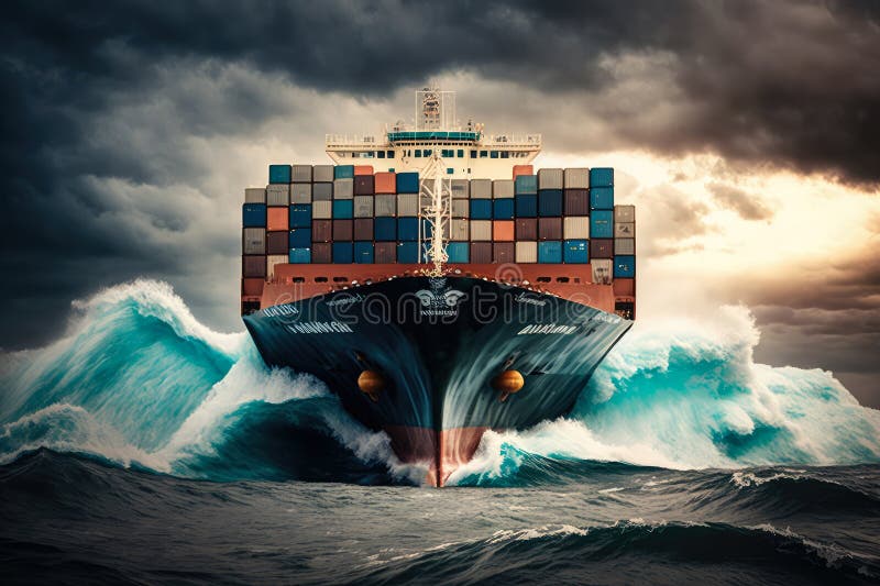Cargo Ship Sailing through the Rough Sea with Containers Stacked High ...