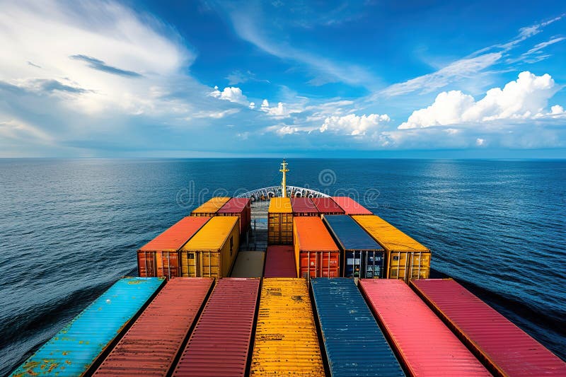 Cargo Ship Sailing at Sea, Adorned with a Vibrant Assortment of ...