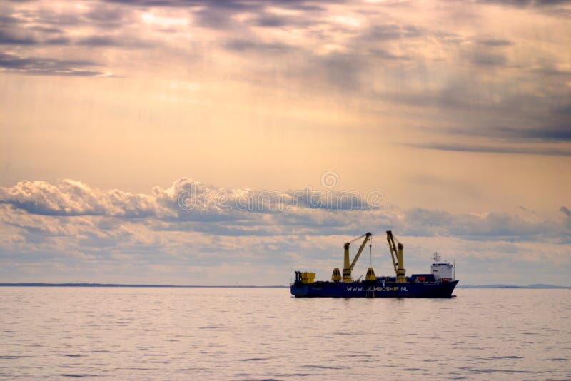 Cargo Ship Sailing in Still Water Near Port of Boston Editorial Stock ...