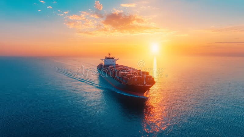 Cargo Ship Sailing into Sunset Stock Illustration - Illustration of ...