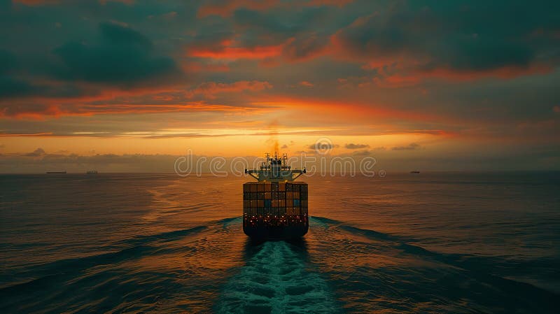 Cargo Ship Sailing at Sunset on the Open Ocean Stock Image - Image of ...