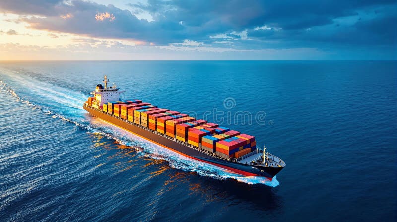 Cargo Ship Sailing at Sunset on Open Ocean with Vibrant Containers ...