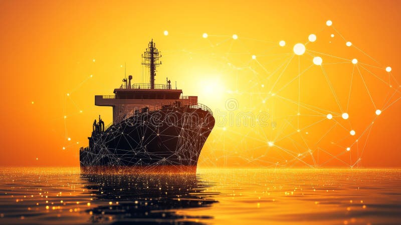 Cargo Ship Sailing Toward Sunset with Network Connection, Global ...