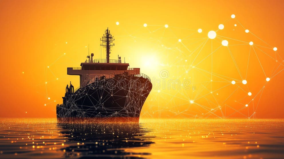 Cargo Ship Sailing Toward Sunset with Network Connection, Global ...