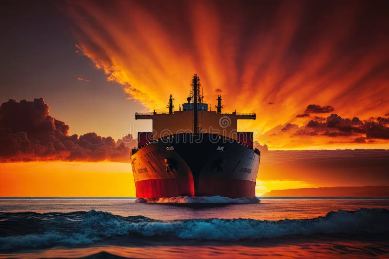 Cargo Ship Sailing Triumphantly in Front of a Dramatic Sunset with a ...