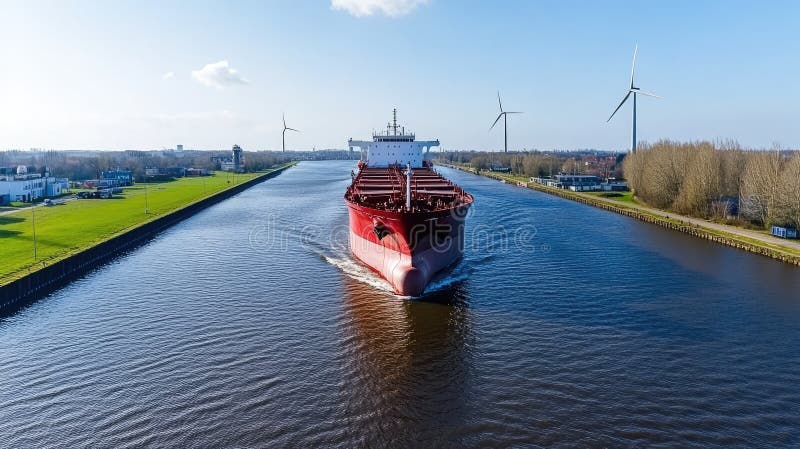 A Cargo Ship Sails through the Canal, Surrounded by Solar Panels and ...