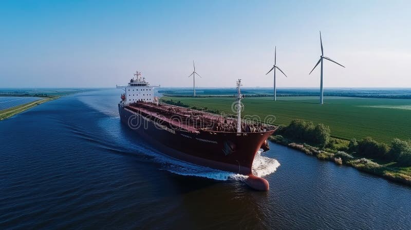 A Cargo Ship Sails through the Canal, Surrounded by Solar Panels and ...