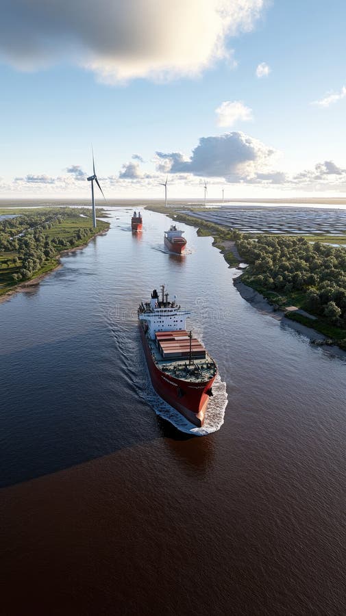 A Cargo Ship Sails through the Canal, Surrounded by Solar Panels and ...
