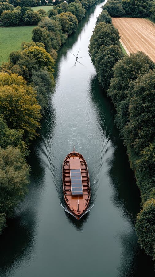 A Cargo Ship Sails through the Canal, Surrounded by Solar Panels and ...