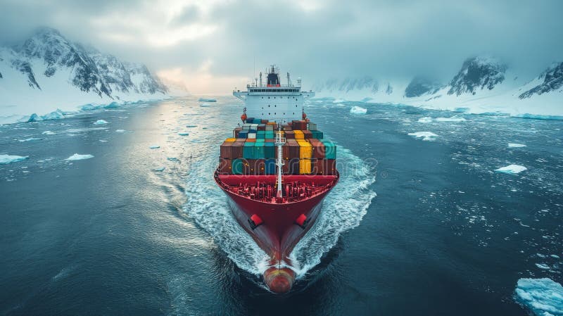 A Cargo Ship Sails through the Chilly Waters of Antarctica at Dawn, Cut ...