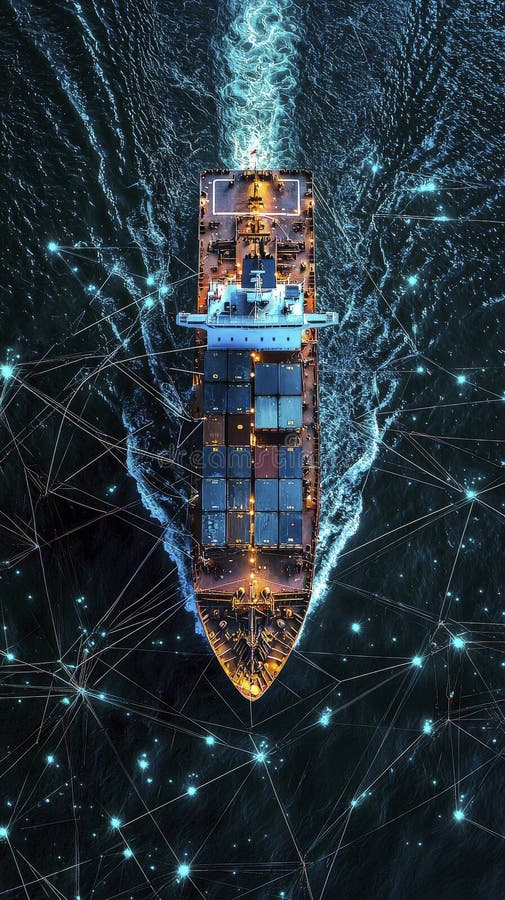 Cargo Ship Sails on Digital Stream of Connections Stock Illustration ...