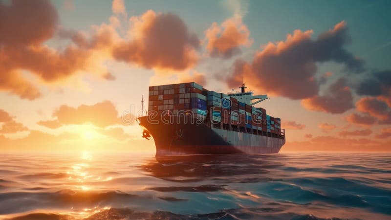 A Cargo Ship Sails on the Ocean with a Beautiful Sunset in the ...