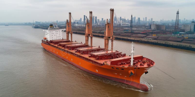 Cargo Ship Sails the Waterways with Cityscape and Logistics Theme Stock ...