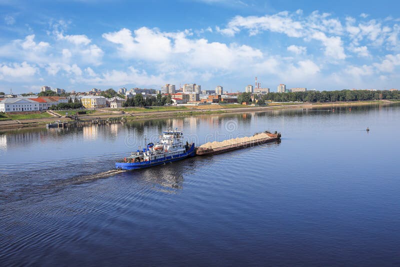 Cargo Ship with Sand Sails Along the Volga River Stock Image - Image of ...