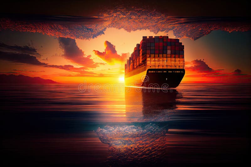 Cargo Ship with Sun Setting Over Calm Ocean, Creating Double Exposure ...