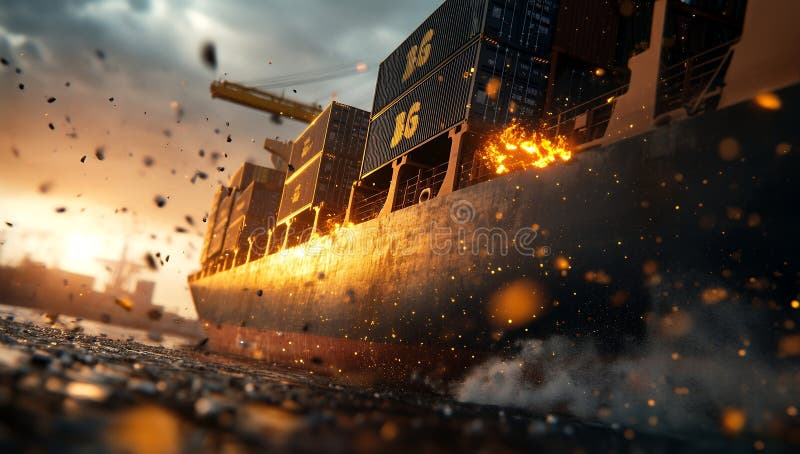 A Cargo Ship at Sunset, Ablaze with Sparks during a Loading or ...