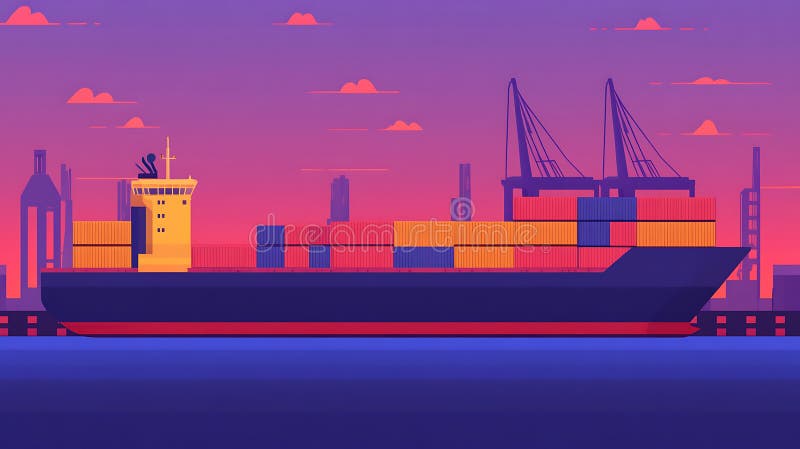 Cargo Ship at Sunset Dockside City Skyline Pixel Art Illustration Stock ...