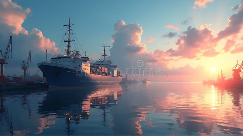 Cargo Ship at Sunset in a Harbor. Stock Illustration - Illustration of ...