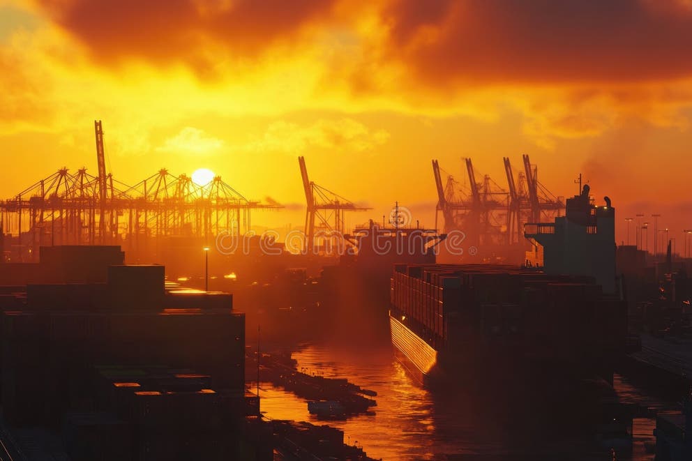 Cargo Ship Sunset stock photo. Image of sunset, dock - 373022332