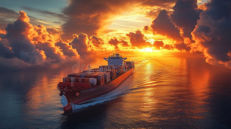 Cargo Ship at Sunset on Ocean Voyage Amidst Dramatic Clouds Stock ...