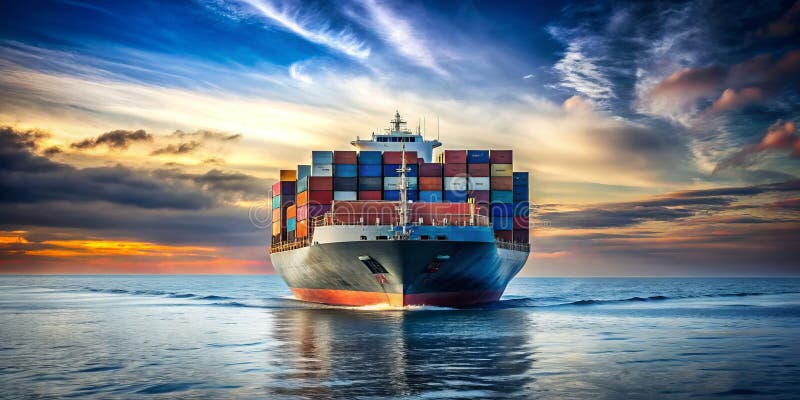 Cargo Ship at Sunset Sailing on Calm Ocean Waters. Generative AI Stock ...