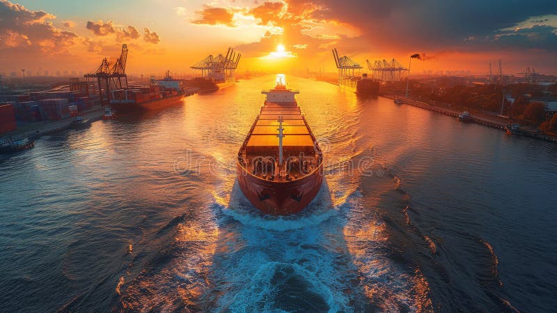 Cargo Ship at Sunset.Nautical Dreams Stock Illustration - Illustration ...