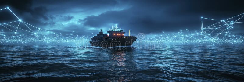 Cargo Ship Surrounded by Digital Network in Ocean Stock Illustration ...