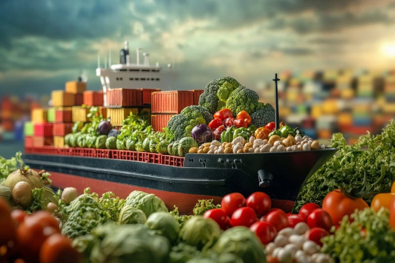 Cargo Ship Transporting Containers and Fresh Vegetables, Representing ...
