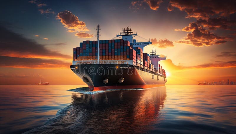Cargo Ship Transporting Containers at Sunset on High Seas Stock ...