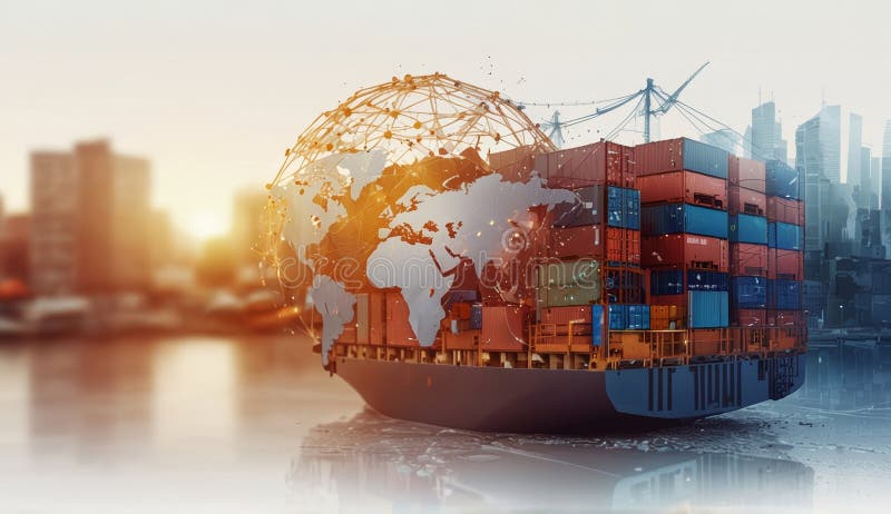 Cargo Ship Transporting Goods Around the World at Sunset Stock Image ...