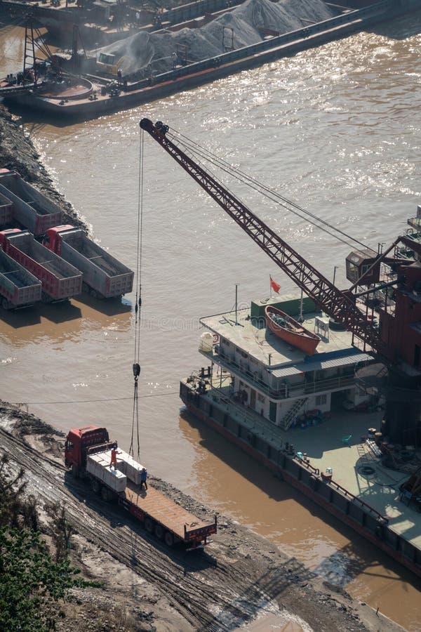Cargo Ship Unloading on Yangtze River Under Blue Sky Editorial Stock ...