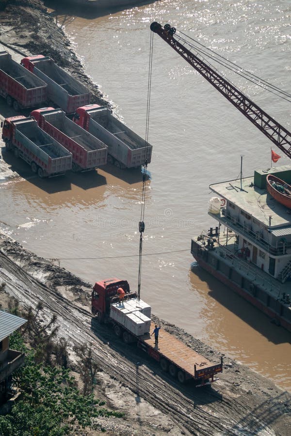 Cargo Ship Unloading on Yangtze River Under Blue Sky Editorial Stock ...