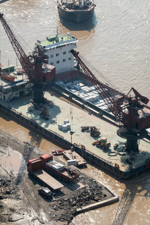Cargo Ship Unloading on Yangtze River Under Blue Sky Editorial Stock ...