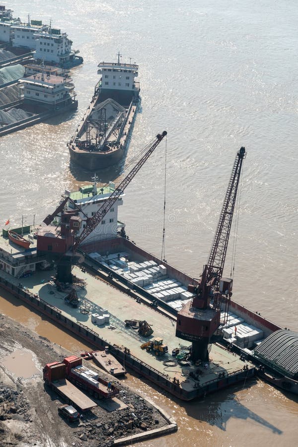 Cargo Ship Unloading on Yangtze River Under Blue Sky Editorial Image ...