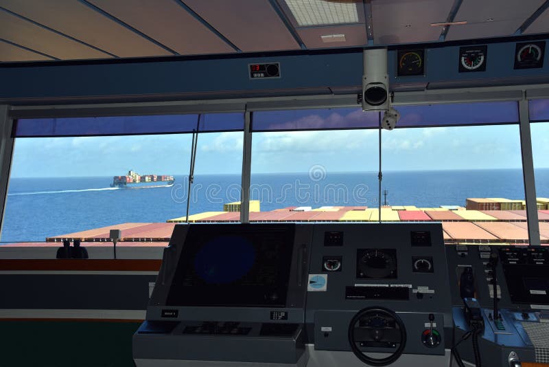 Cargo Ship - View Of The Control Console With Steering Wheel Stock ...