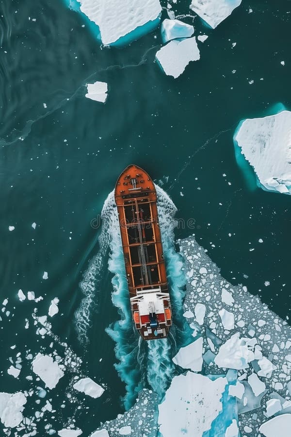Icebreaker Ship Crossing Frozen Waters Under Aerial Perspective in ...