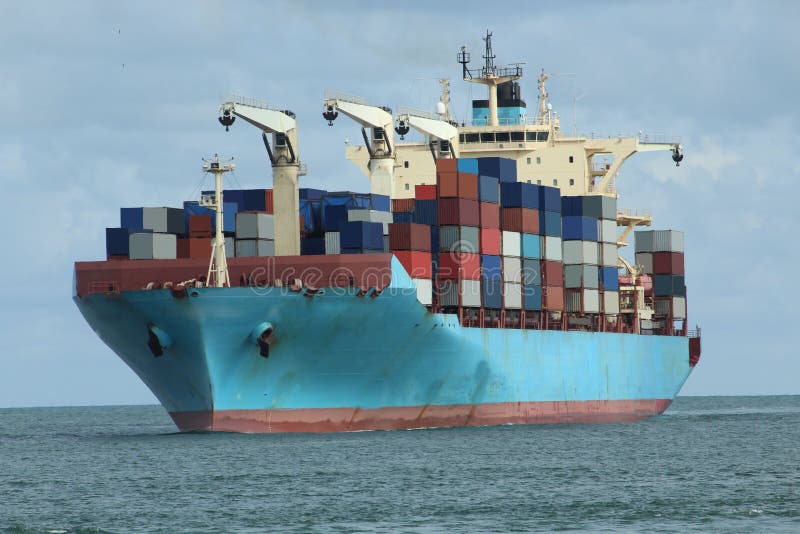 Cargo Ship Loaded with Containers in Sailing in an Inlet. Stock Photo ...
