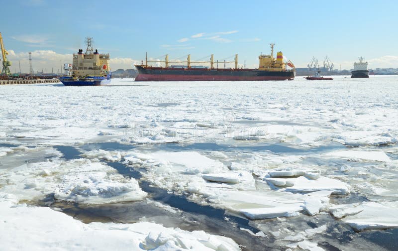 Cargo Ship in the Waters of the Port. Stock Image - Image of snow ...