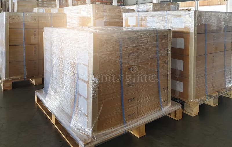 Stacked of Cardboard on Pallet Rack. Cargo Trailer Truck Parked Loading ...