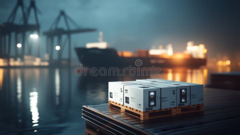 Cargo Shipment Night Port Illuminated Cranes Docked Container Ship ...