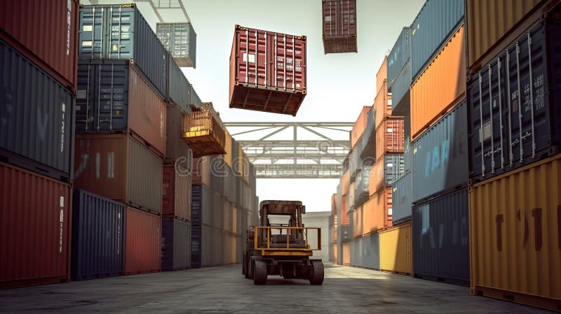 Cargo Shipping Containers in Storage Area with Forklifts. Delive Stock ...