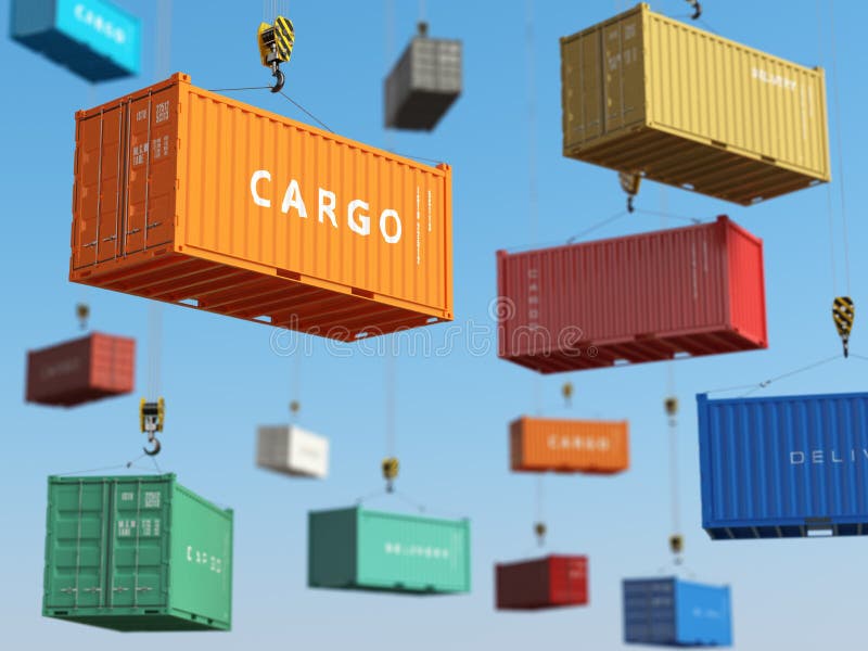 Cargo Shipping Containers in Storage Area with Forklifts. Delivery ...